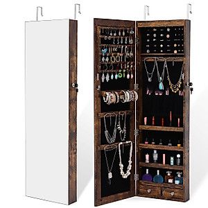 Jewelry Organizer Jewelry Cabinet Standing Jewelry Box with Full Body Mirror and Large Storage Lockable Wooden Cabinet Hung on The Door Or Wall (Antique Walnut)