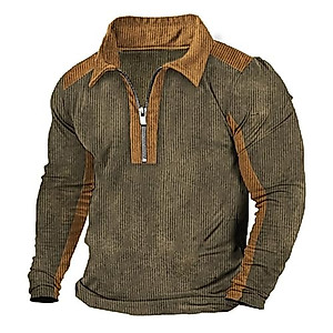 AITEQY Mens Corduroy Shirt Lapel Collar Button Up Pullover Mock Neck Long Sleeve Sweaters Polo Sweatshirts with Elbow Patches Fall Western Tops Thermal Sweater