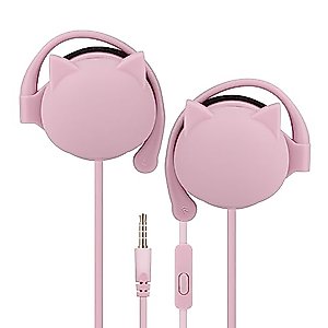 QearFun Kitty Earbuds for Kids with Ear Hooks, Kawakii Wired Over Ear Headphones Earphones Gifts for School Girls and Boys with Microphone & Ear Loops(Pink)