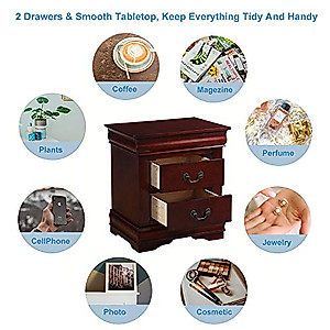 Henf Nightstand with 2 Drawers Traditional Rectangular Side Table, Bedside Table with Metal Ring Handle, Full Assembly Wood Night Stand for Bedroom Furniture, Cherry Brown