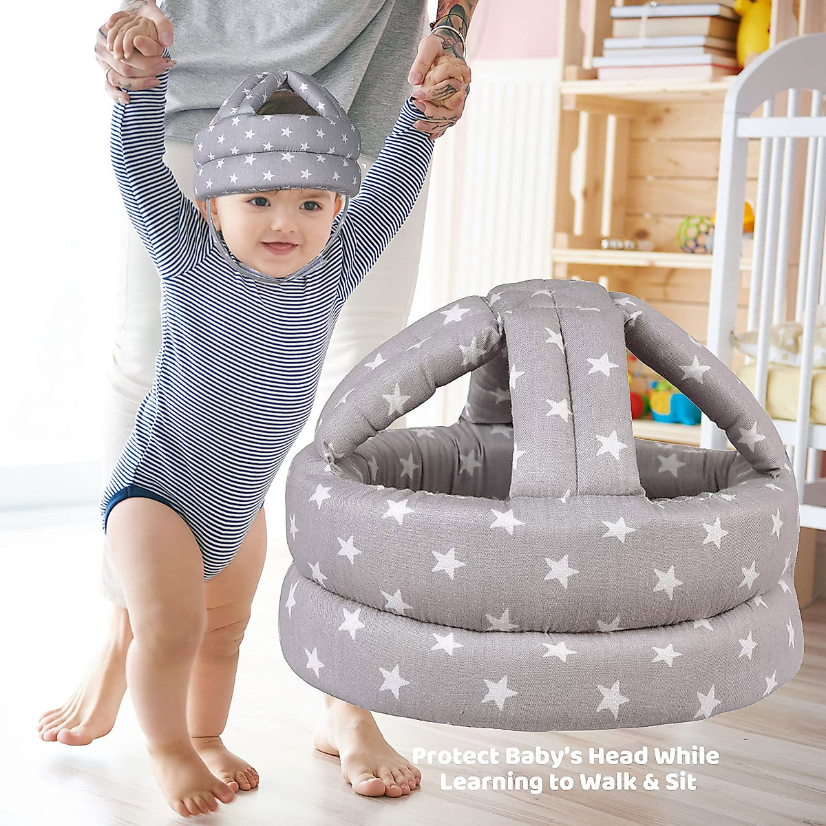 Baby Safety Helmet, Infant Baby Head Protector with 3 Pairs Baby Knee Pads for Crawling & 3 Pairs Baby Socks, Head Cushion Bumper Bonnet, Soft Headguard for Toddler Learning to Walk, Gray Star