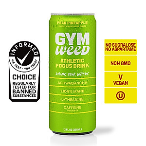 GYM WEED Athletic Focus Drink with KSM-66 Ashwagandha, Lion's Mane Mushroom, L-Theanine, 200mg Green Tea Caffeine with Natural Sweeteners Variety Pack of flavors, 12 Pack