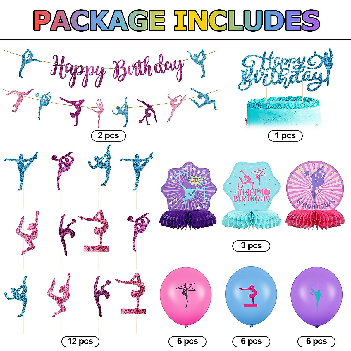 36 Pieces Gymnastics Party Supplies Decoration 2 Gymnastics Birthday Banner 3 Table Honeycomb Centerpieces 12 Cupcake Topper 1 Cake Topper 18 Latex Balloons for Baby Shower Gender Reveal Party Favors
