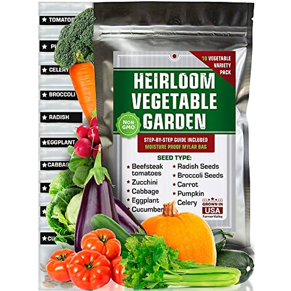 Heirloom Vegetable Seeds Pack - 100% Non GMO Heirloom Garden Seeds for Planting Outdoor, Indoor, Hydroponic - Tomatoes, Cucumber, Carrot, Broccoli, Radish Seeds and More