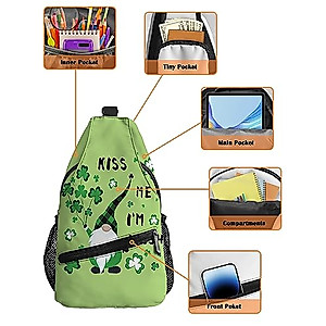 Sling Backpack, St Patrick's Day Kiss Me I'm Irish Shamrock Dwarf Green Background Waterproof Lightweight Small Sling Bag, Travel Chest Bag Crossbody Shoulder Bag Hiking Daypack for Women Men