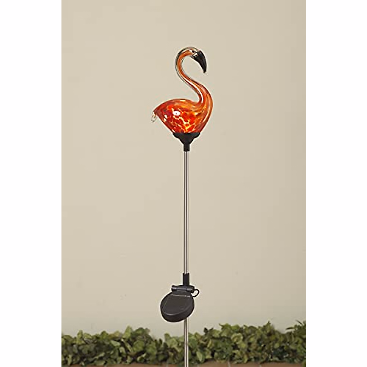Hand Blown Glass Flamingo Solar Lighted Yard Stake, Solar Garden Torch 31 Inches High with Lighted Glass Body and Automatic Night Lighting