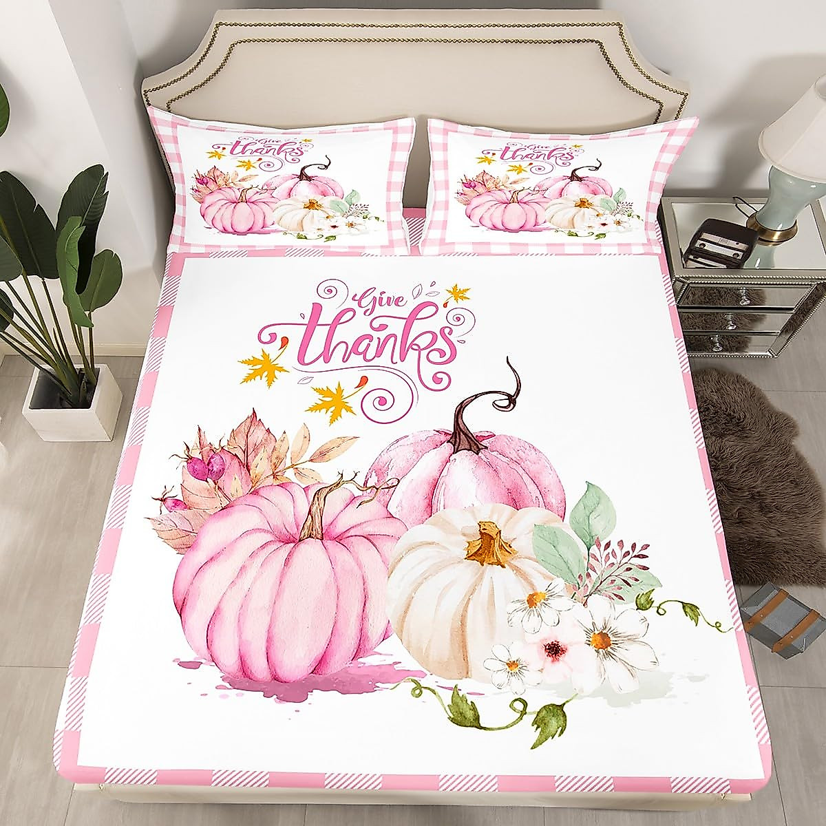Pink Fall Bed Sheet Set Pumpkin Fitted Sheet for Kids Boys Girls Teens Room Decorations Autumn Harvest Bedding Set Full Size Buffalo Check Grid Bed Cover Deep Pocket 3Pcs