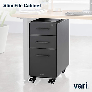 Vari Slim File Cabinet - Three Drawer Office Filing Cabinet - Compact, Mobile Pedestal with Heavy-Duty Steel - Home or Office Lockable Storage Cabinet with Roll-and-Lock Caster Wheels (Charcoal Grey)