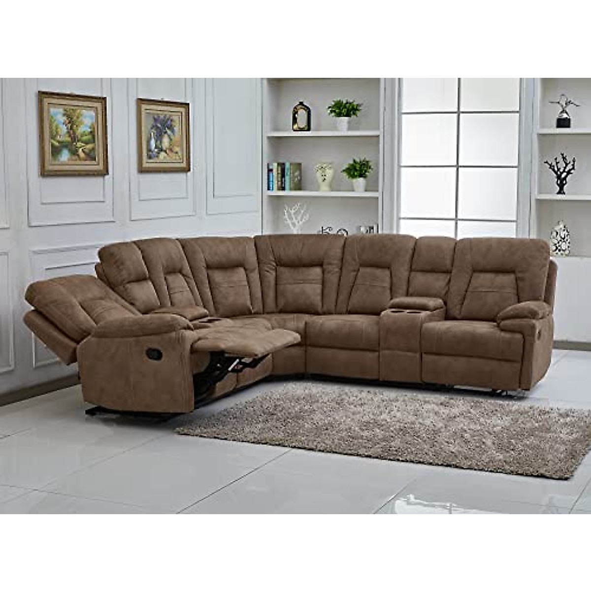 Betsy Furniture Large Microfiber Reclining Sectional Living Room Sofa in Latte 8038