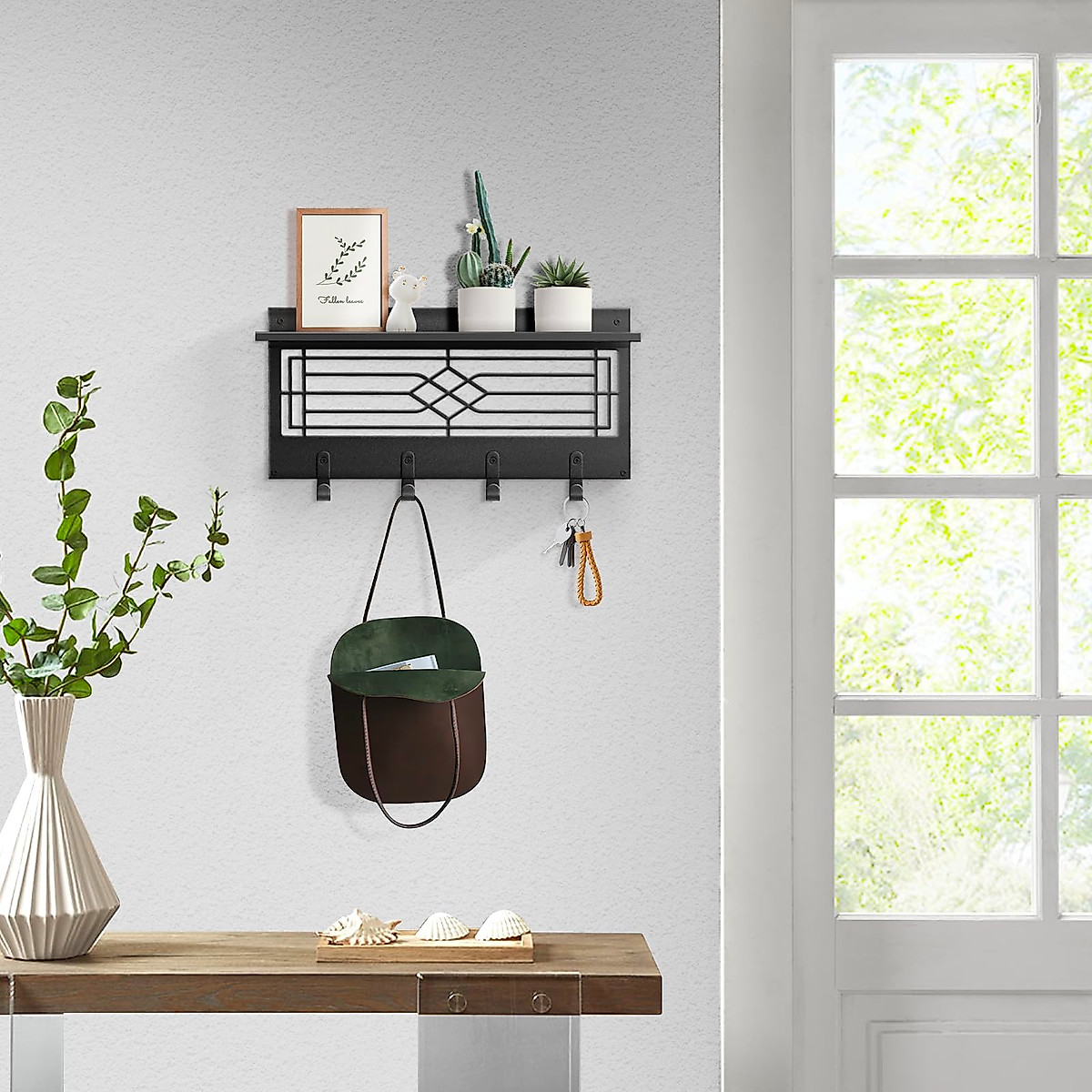 Sokurdeg Black Wall Shelf with Hooks, Coat Rack Wall Mount with Shelf, Wall Key Holder with Shelf, for Entryway Bathroom Bedroom Living Room (16.5”W x 7.8”H x 4”D)