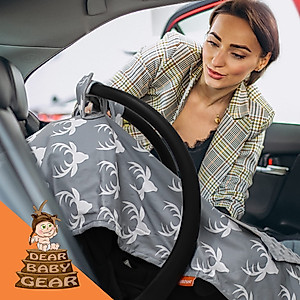 Dear Baby Gear - Baby Car Seat Canopy - Toddler Carrier Cover - Infant Car Seat Cover - Carseat Covers with Snap Opening - Carseat Canopies for Boys & Girls - 40x30 (Antlers on Gray, Gray Dot)