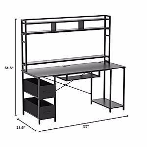 SEDETA Gaming Computer Desk, 55" Gaming Desk with LED Lights and Hutch, Computer Desk with Drawer, Power Outlet, Storage Shelves and Monitor Stand, Home Office Desk, Gamer Desk PC Table, Black