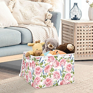 Sletend Storage Box Rose Flower Floral Closet Storage Bins with Lids, Foldable Oxford Fabric Storage Box for Home Bedroom Closet Office (16.5x12.6x11.8 in)