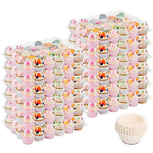 Moretoes (12 Pack x 24 Sets Cupcake Containers, Cupcake Boxes with 300 Cupcake Liners, 24 Compartment Cupcake Carrier Holders, Plastic Cupcake Containers with Detachable Lid