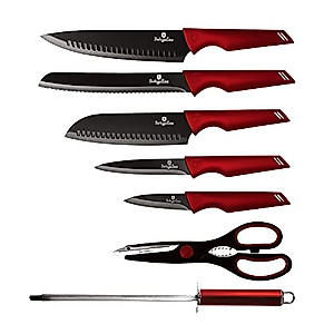 Berlinger Haus Kitchen Knife Set with Block, 8 Piece Knives Set for Kitchen, Cooking Knives with Kitchen Shears and Sharpener, Sharp Cutting Stainless Steel Chef Knife Set with Acrylic Stand, Red