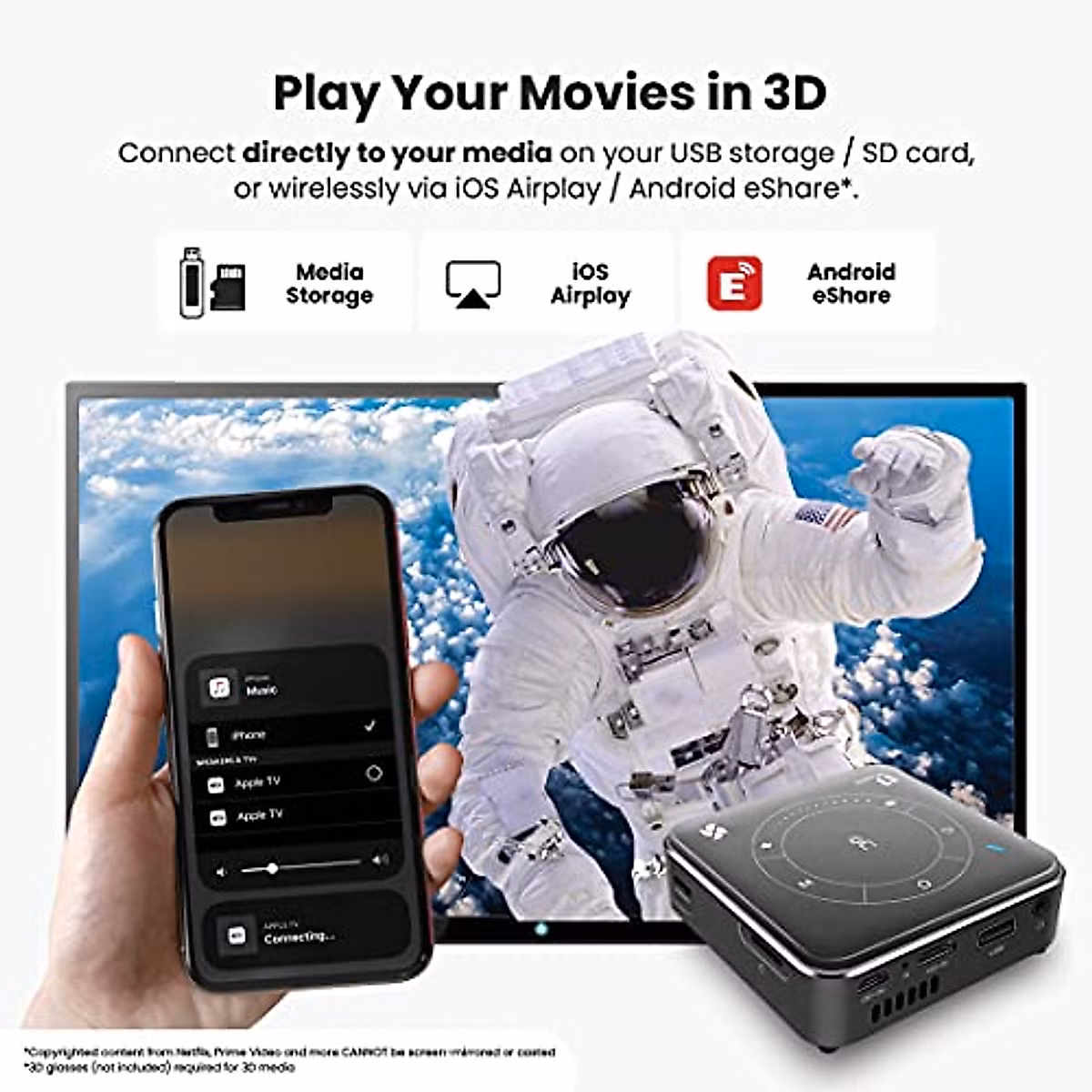 Sentrym L1 Ultra Mini 3D Portable Projector, Android 9.0, Bluetooth 5.0, Dual Band Wi-Fi, 16GB, 2GB Ram, 2 Hour Battery Life, Touch Navigation, Auto Keystone, 0.4lb (Free Tripod Stand Included!)