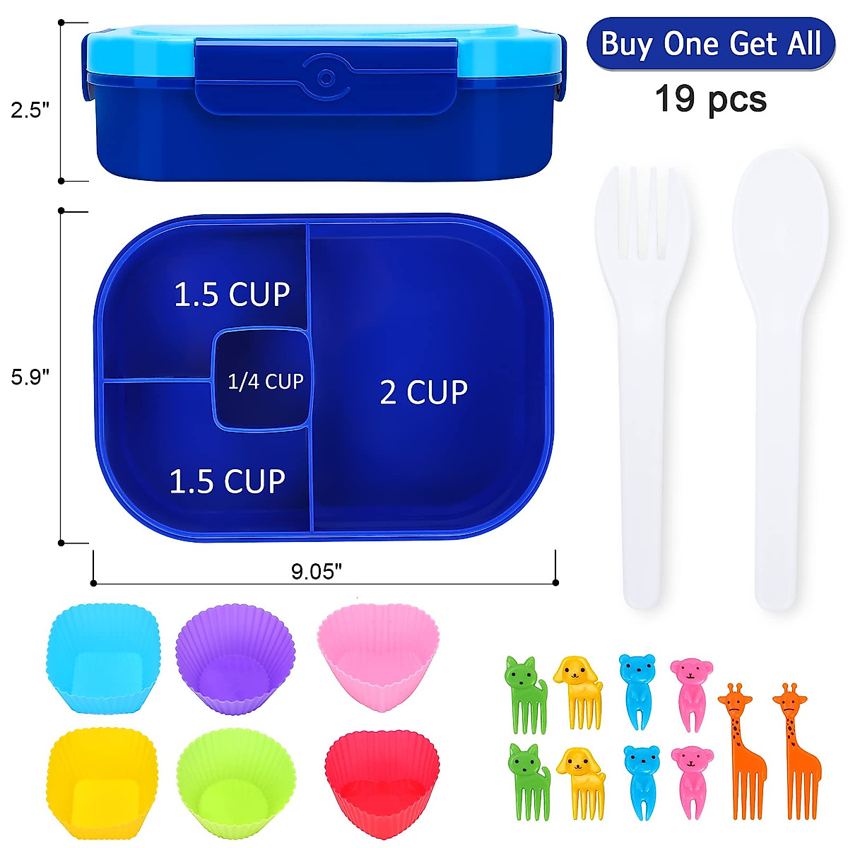 Lunch Box Kids, Bento Lunch Box for Kids Adult, Lunch Box Containers for Girls Boys Teen, 1300ML 4 Compartment Bento Box w/ Food Picks Cake Cups, Microwave/Dishwasher/Freezer Safe, BPA Free, Blue