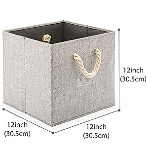 EZOWare [Set of 4] Foldable Fabric Storage Cube Bins with Cotton Rope Handle, Collapsible Resistant Basket Box Organizer for Shelves Closet Toys and More – Gray 12x12x12 inch