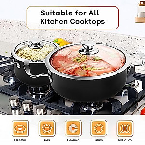 Pots and Pans Set Nonstick，6-Piece Kitchen Cookware Set with Glass Lids，Black Induction Pots and Pans Set with Stay-Cool Stainless Steel Handles，Saucepan Set Compatible with All Stovetops
