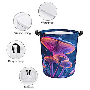TsyTma Bright Neon Mushrooms Small Laundry Basket for Bedrooms Colorful Collapsible Round Laundry Hamper with Handles Round Toy Bin for Dirty Clothes Bathroom
