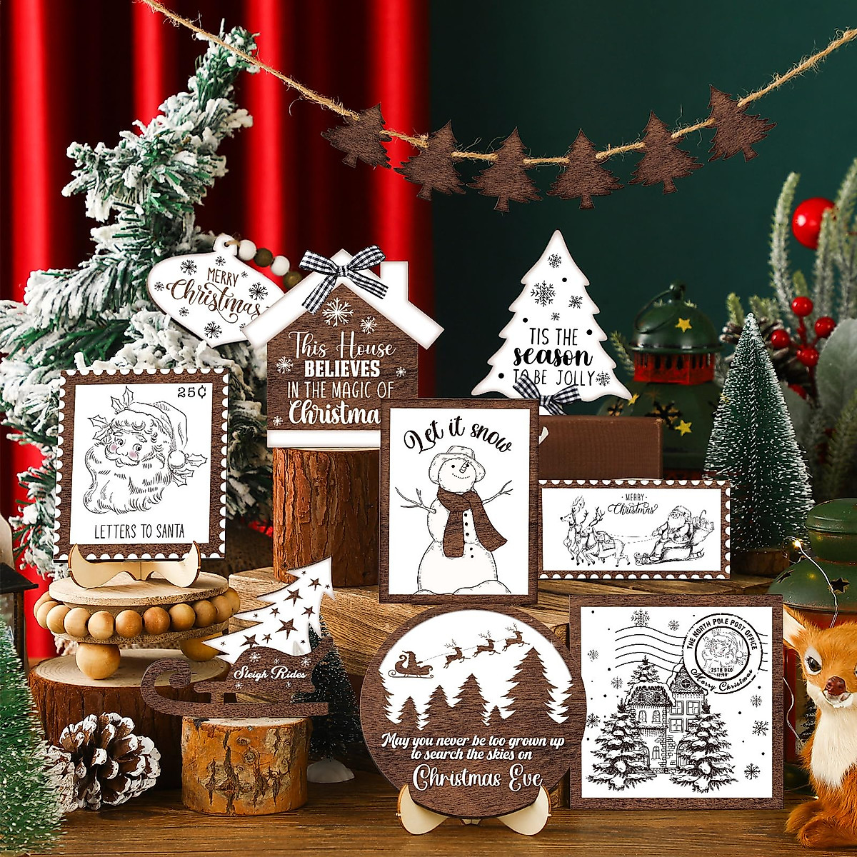 Dandat Christmas Tiered Tray Decor Winter Tiered Tray Decorations Set Snowman Snowflake Gnome Truck Wooden Signs Farmhouse Christmas Table Decorations for Home Table Shelf(Xmas Tree)