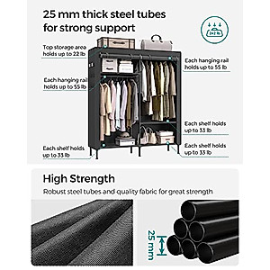 SONGMICS Garment Rack Heavy Duty Clothes Rack, 65 Inch Freestanding Portable Wardrobe Closet with Hanging Rails and Shelves, Total Load 242 lb, Easy Assembly, for Cloakroom Bedroom, Black URDR301B02