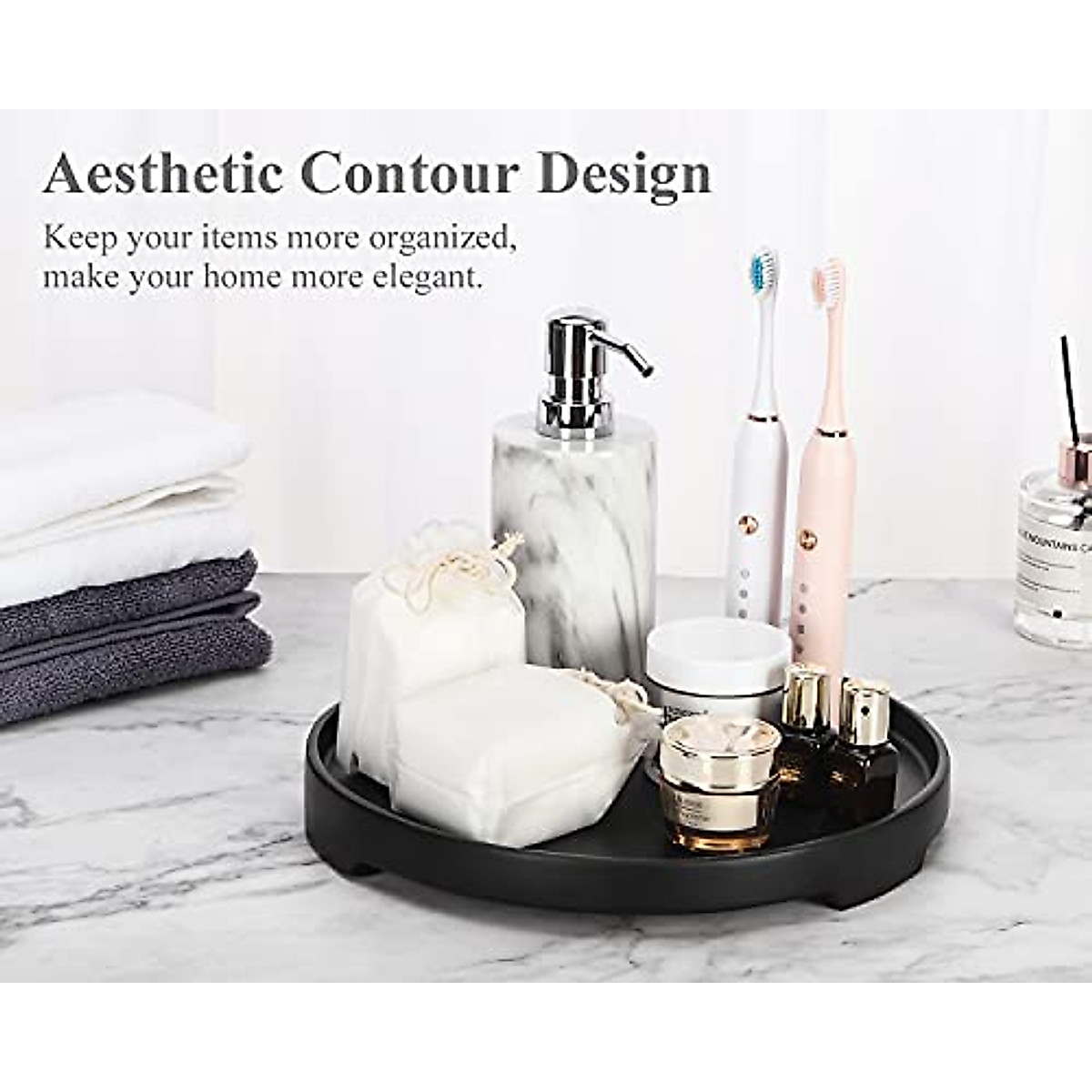 Lewondr Vanity Tray, Marbling Round Tray Resin Decorative Tray Organizer, Display Tray Storage Platter with Handle Table Storage with Elevated Foot for Cosmetic, Jewelry, 27 * 27cm - Matte Black