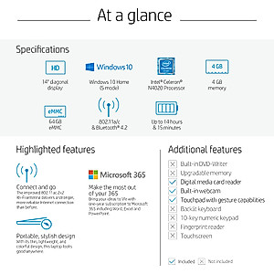 HP Stream 14-inch Laptop, Intel Celeron N4000, 4 GB RAM, 64 GB eMMC, Windows 10 Home in S Mode With Office 365 Personal For 1 Year (14-cb185nr, Royal Blue)