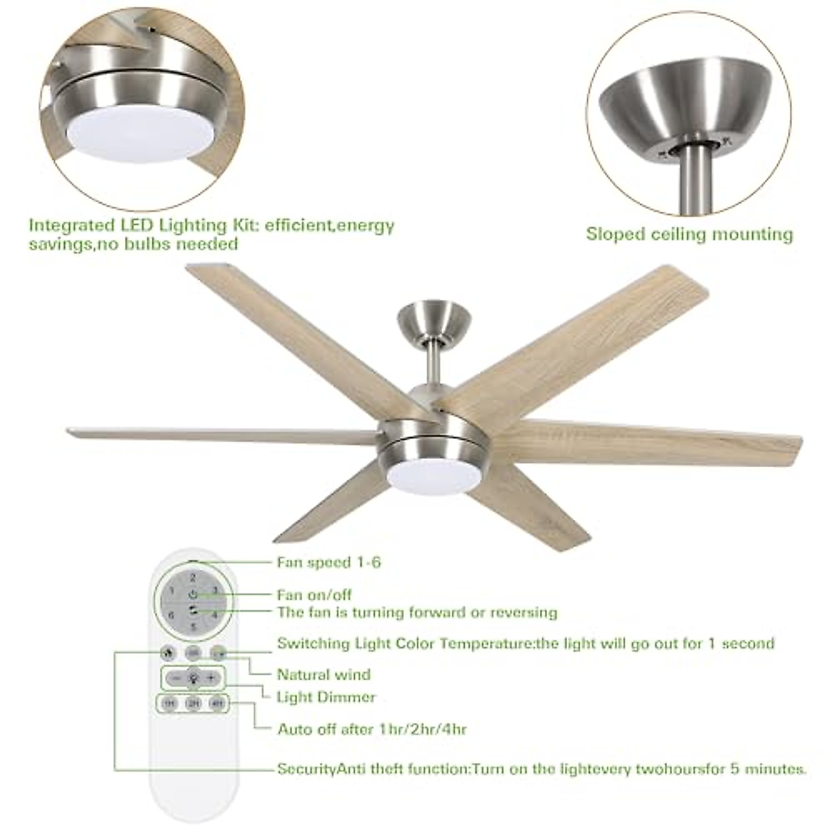 hykolity 54 inch Indoor Modern Ceiling Fan with Integrated LED Lights and Remote Control, 6 Blades, 6 Speed, Dimmable, 3CCT, Quiet Reversible Motor Ceiling Fan, Brushed Nickel