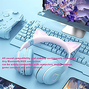 RAHAFA Cat Ear Headphones, Bluetooth 5.1 Headphones, Led Light Up Over Ear Headphones, Foldable Wireless Headset for Tablet/pc/ipad/Cell Phones, with Hanging Headphone Bracket-Black