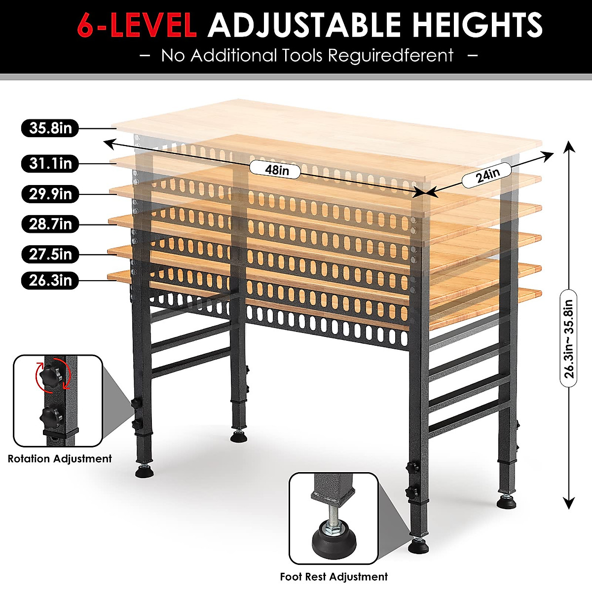 OLBRUS 48 "Adjustable Workbench with Power Outlet, Heavy Duty 2000 LBS Load Capacity Hardwood Workbench Suitable for Workshop, Office, Garage, Home