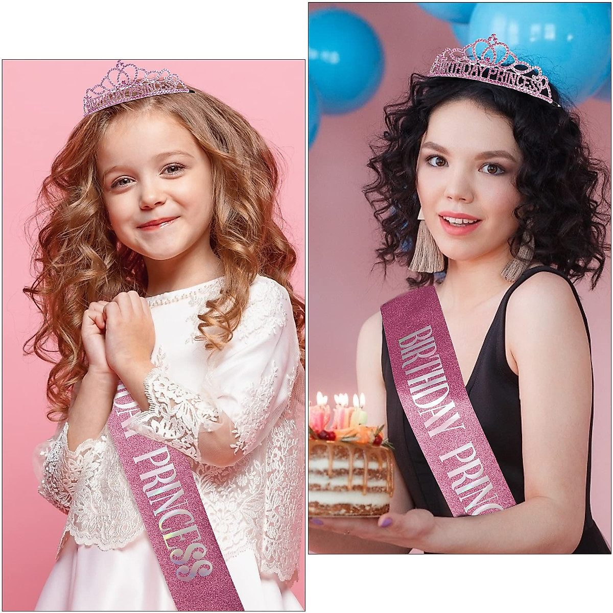 CIEHER Pink Princess Birthday Crown and Birthday Sash Set, Birthday Girl Crown Birthday Tiara for Women Birthday Decorations for Girls Rhinestone Princess Party Decorations Birthday Gifts