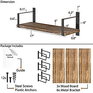 Wallniture Toledo Floating Shelves for Living Room Decor, Floating Bookshelf Set of 3, Burned Finish Rustic Wood Wall Shelves