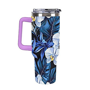 Floral Print Insulated Tumbler with Lid And Straw Stainless Steel Travel Coffee Mug 40oz Violet-style