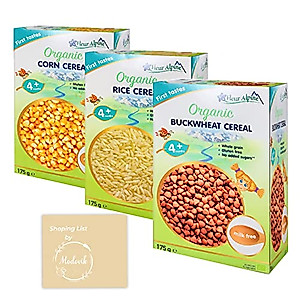 Baby Cereal Buckwheat Bundle Imported from Europe, Hypoallergenic, Gluten Free, Milk Free, Stage 1 Baby Food (4+ months) by Fleur Alpine TWO PACK 12.3 oz, ( 6.17 oz each), plus MODOVIK Shopping List (Buckwheat, Rice, Corn 3 pack)
