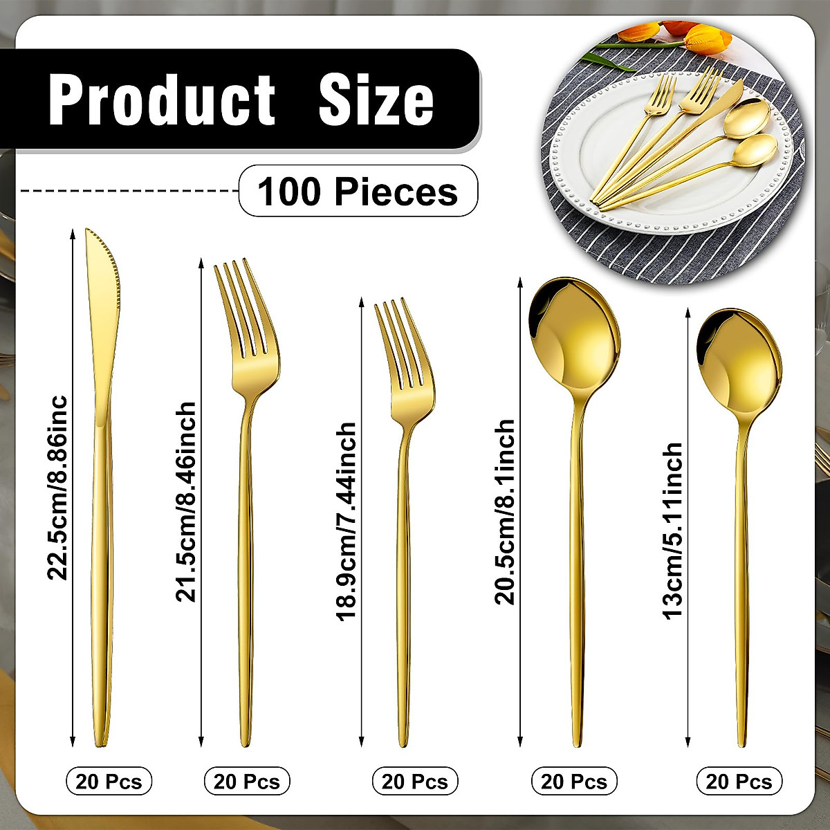 100 Pcs Gold Silverware Set Stainless Steel Flatware Service Set for 20, Kitchen Home Tableware Cutlery Utensils Spoon Fork Knives Black Gold Silverware Mirror Polished Dishwasher Safe (Gold)