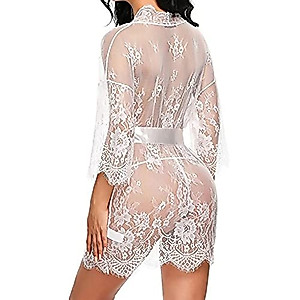 Qopobobo Sexy Lengerie for Women Naughty Women's Lace Kimono Robe Long Sleeve Mesh Lingerie Nightgown Dress with Belt