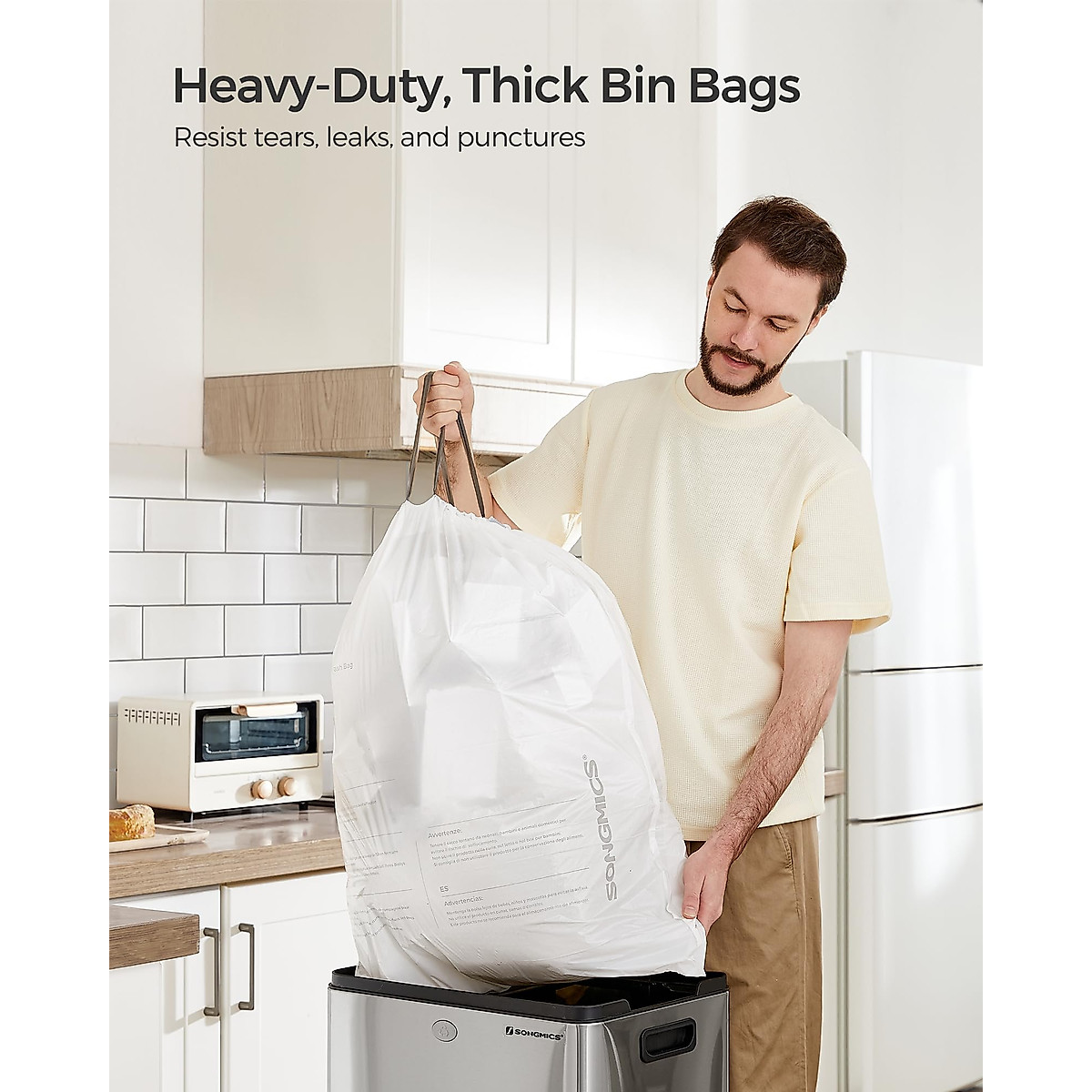 SONGMICS Trash Bags for 12-14.5 Gallon (45-55L) Trash Cans,80 Count Drawstring Kitchen Garbage Bags, Pre-Separated, Liner Code 055A01, 2 Rolls,White UKRB055A02