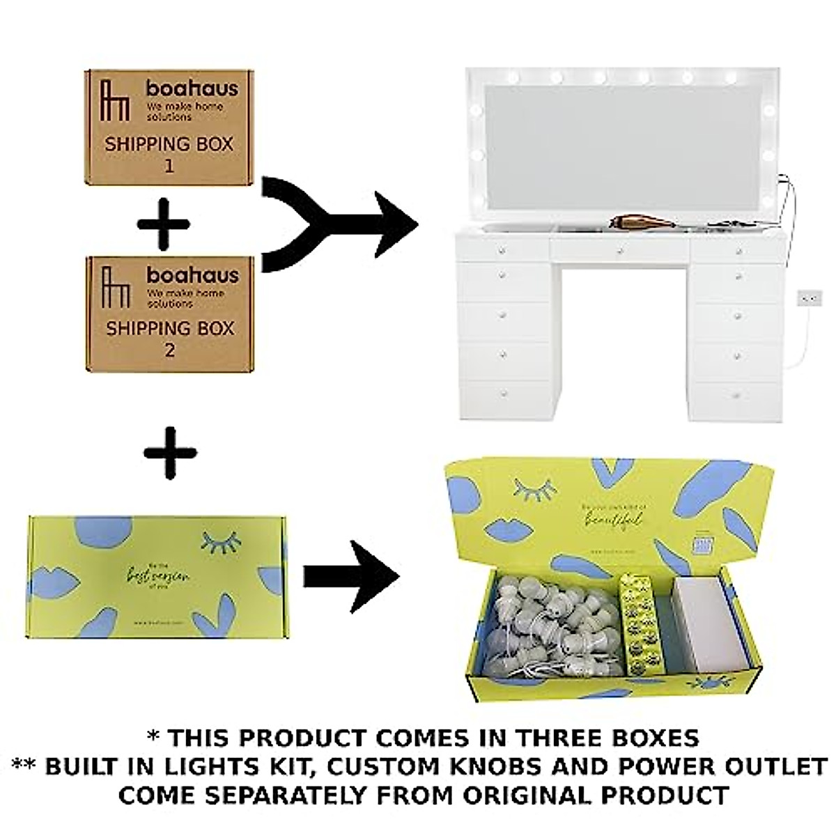 Boahaus Orla Modern Makeup Vanity Desk with Light Bulbs Built-in, USB Port and Power Outlet, 11 Drawers, Hollywood Vanity Mirror, Glam Glass Top Vanity, Crystal Ball Knobs, Big Vanity for Bedroom