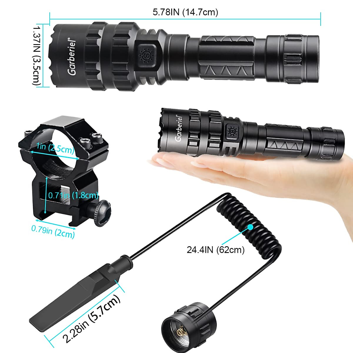 Garberiel 2 in 1 L2 LED Flashlight with Picatinny Rail Mount - 5 Modes 3000 Lumens Bright Flashlight USB Rechargeable Waterproof Torch Light