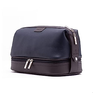 Vetell Leo Large Leather Men's Travel Toiletry and Shaving Case Bag with Upper and Lower Zippered Compartments, 3 Interior Loops and Carrying Handles