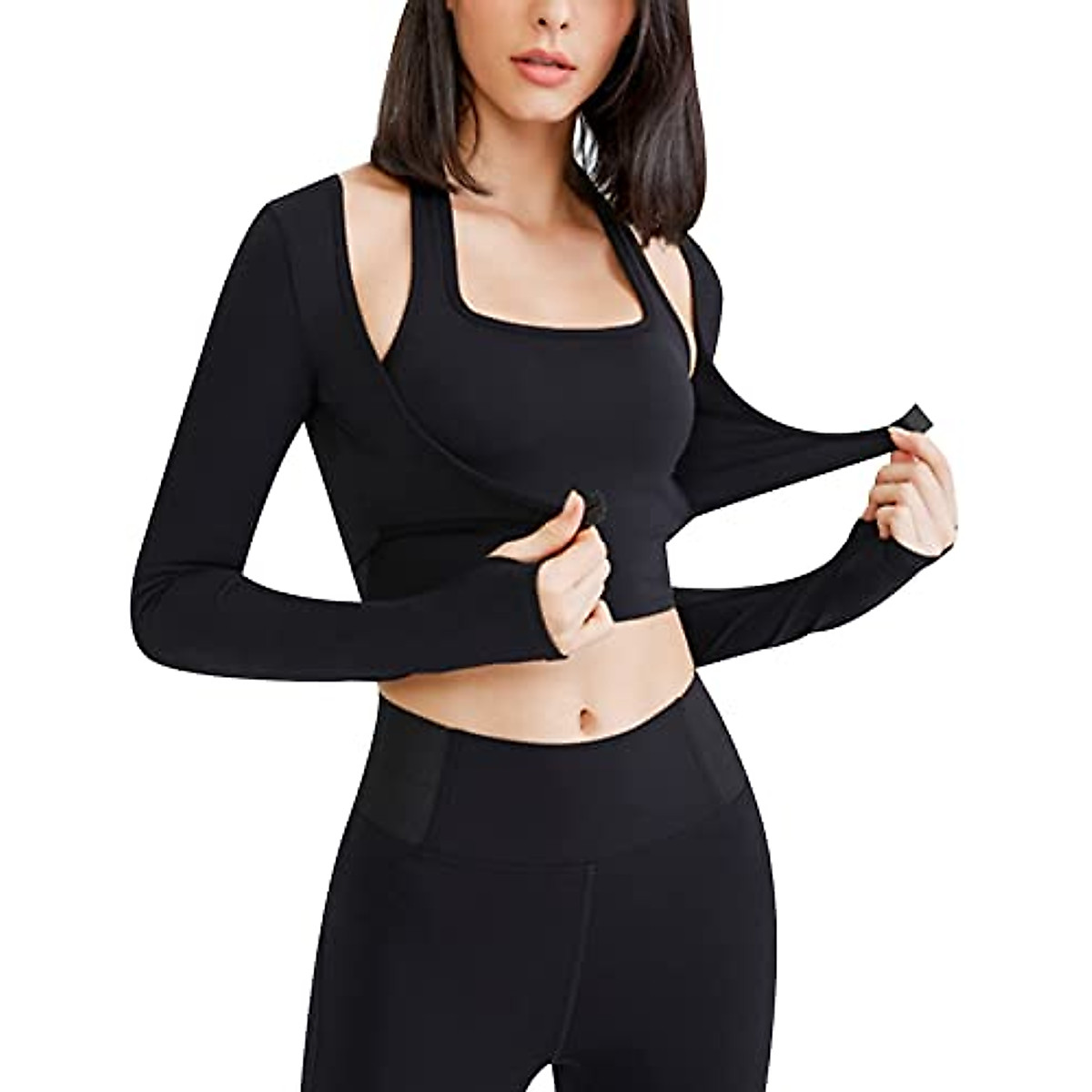 Gihuo Long Sleeve Cutout Yoga Tops Sports Tees Crop Tops T Shirt for Women Workout Black