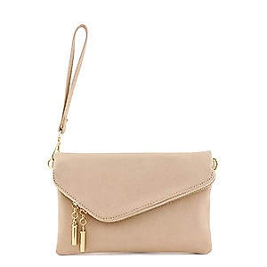 FashionPuzzle Envelope Wristlet Clutch Crossbody Bag with Chain Strap (Nude) One Size