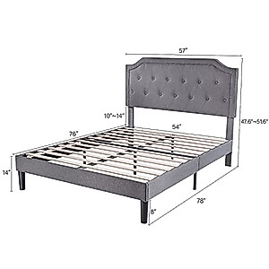 Einfach Full Size Bed Frame, Upholstered Platform Bed with Sturdy Wood Slat Support, No Box Spring Needed, Easy Assembly, Light Grey