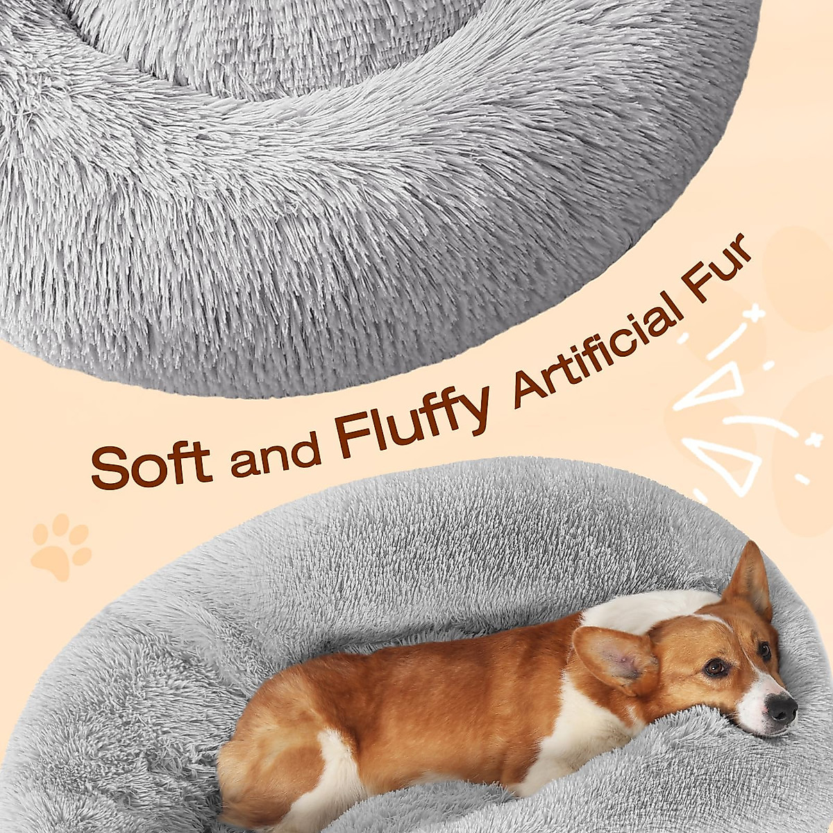 JOLLYVOGUE Calming Donut Dog Bed & Cat Bed, Anti-Anxiety Washable Round Bed, Fluffy Dog Cuddler Bed, Cozy Dog Cat Cushion Bed for Small Puppy (20")