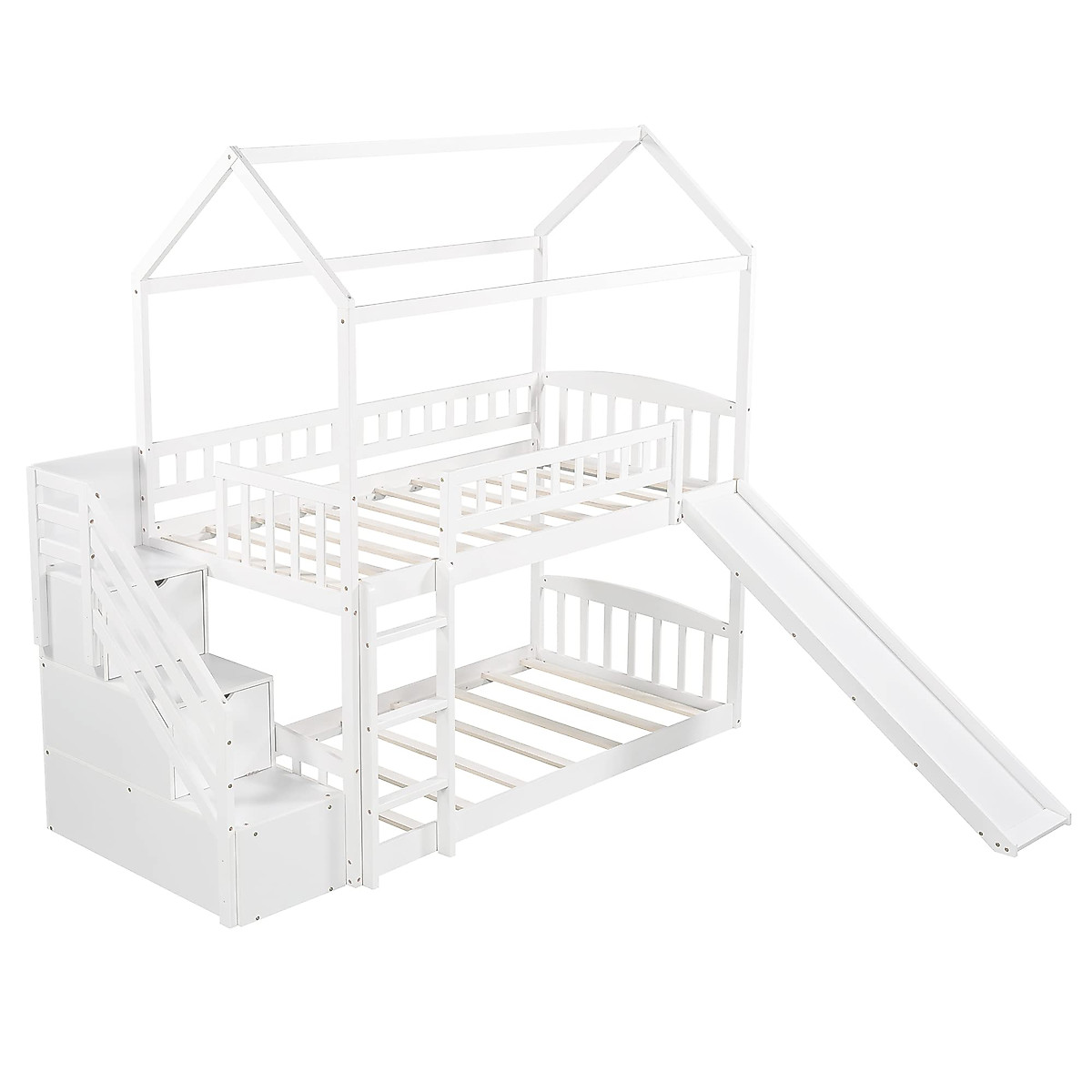 Twin Over Twin Bunk Bed for Kids Toddlers, House Bunk Bed Farm with Storage Steps and Slide Ladder Roof Guardrail for Girls/Boys, No Spring Box Required (White--Wood)
