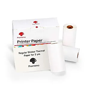 Phomemo White Self-Adhesive Thermal Paper, Glossy Printable Sticker Paper for Phomemo M02/M02 Pro/M02S/M03 Bluetooth Pocket Mobile Printer, Black on White, 50mm x 3.5m, Diameter 30mm, 3-Rolls