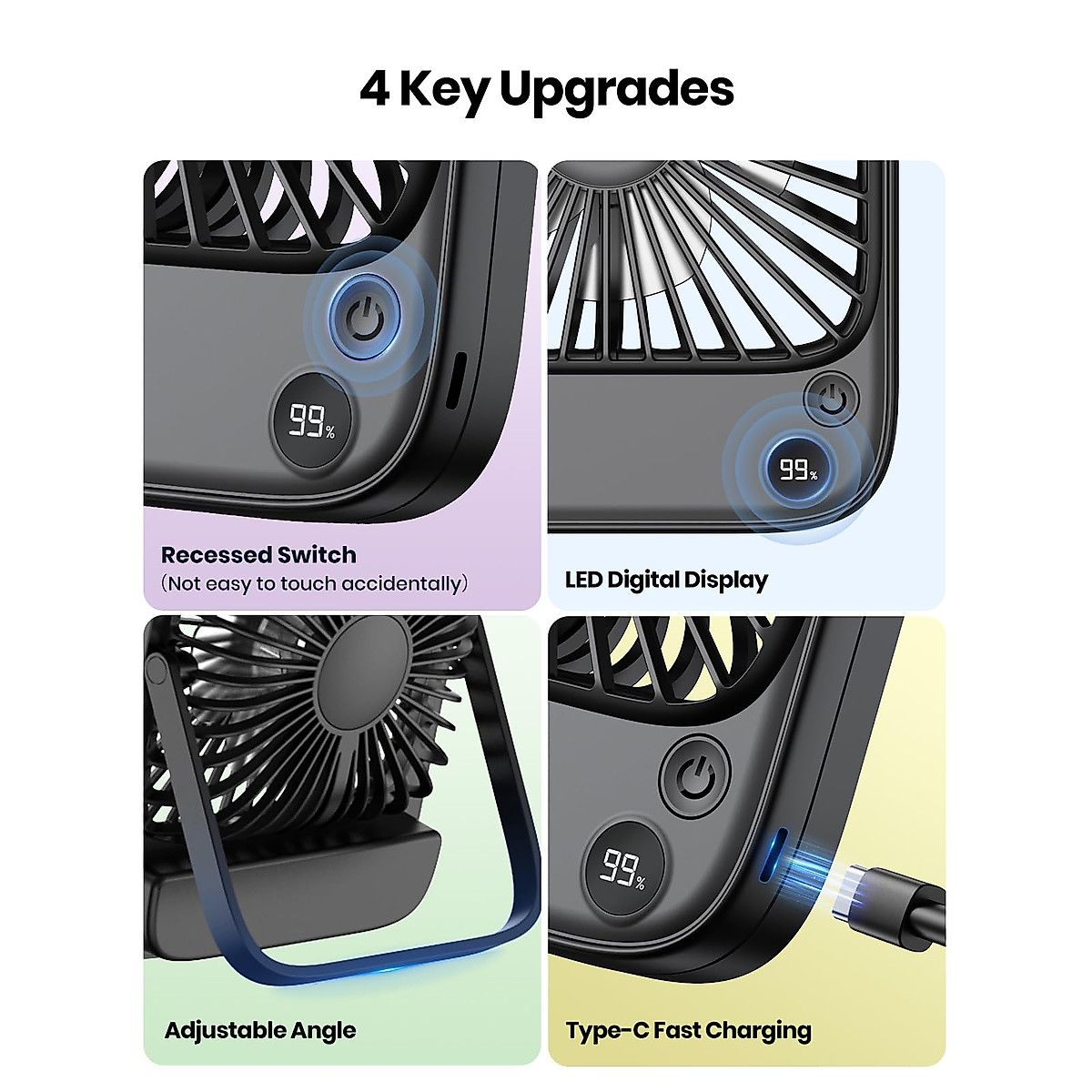 TOPK 2 Pack 5000mAh Portable Desk Fan, Ultra-thin Strong Wind Digital Display 4 Speeds Adjustable Small Silent Battery Powered Personal Fan for Bedroom, Office, Travel, Library, Outdoor