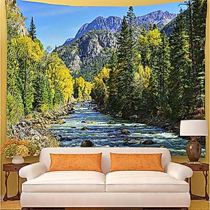 YISURE Nature Mountain Forest Tapestry, Scenic Green Pine Tree Waterfall Landscape Wall Hanging Tapestries for Home Office Dorm Indoor and Outdoor Decoration, 80(W) x60(L) Inch