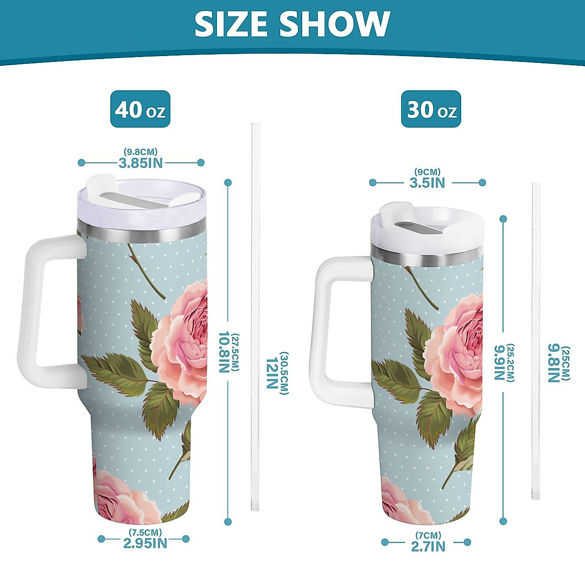 Adornlife Flower Rose 40 oz Tumbler with Handle and Straw Lid, 100% Leak-proof Travel Coffee Mug, Stainless Steel Insulated Cup For Beverages, Cupholder Friendly